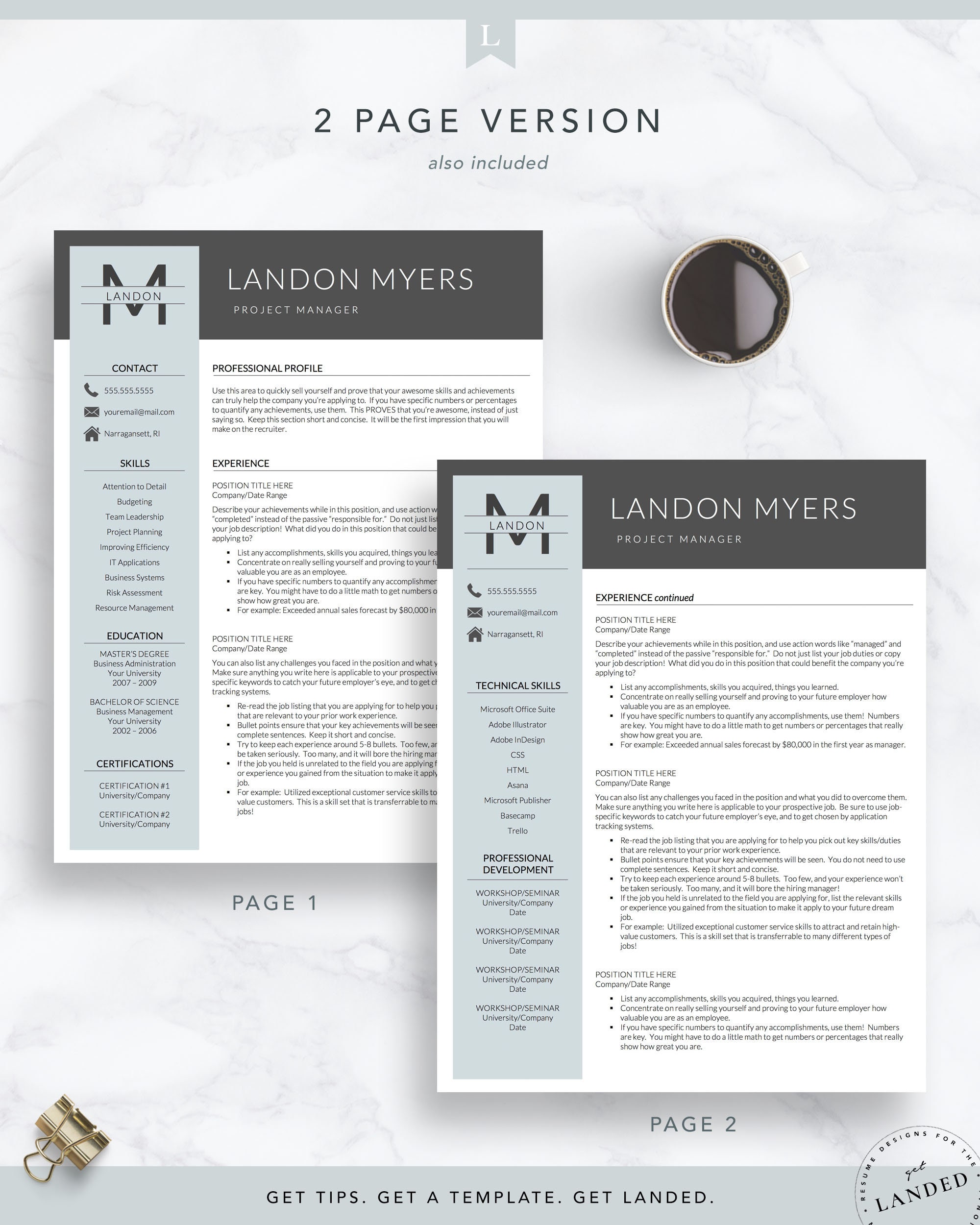 Blue Grey Resume Template With Initials for Word & Pages 1-3 - Etsy Canada