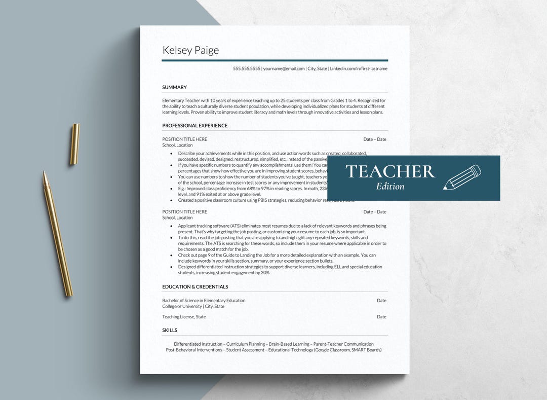 Teacher Resume Template for Google Docs, Word & Pages | ATS Friendly ...