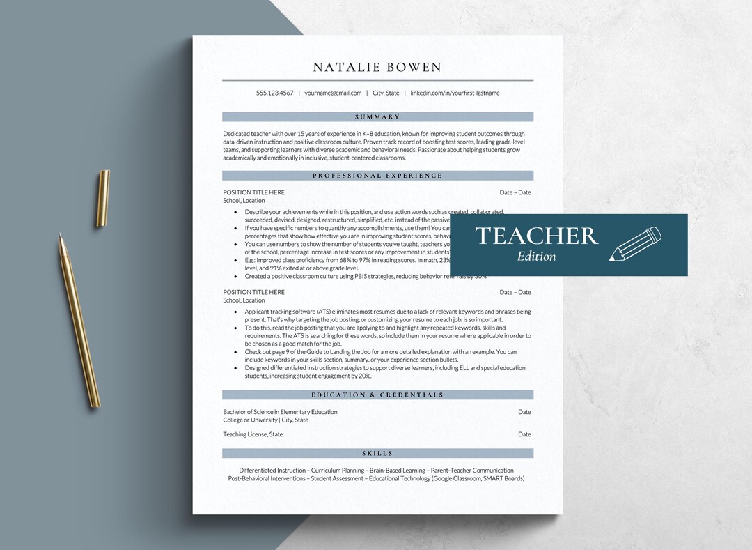 Teacher Resume Template for Google Docs, Word & Pages | ATS Friendly ...