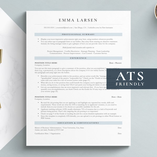 ATS Friendly Resume Template for Word, Pages, Google Docs Resume ...