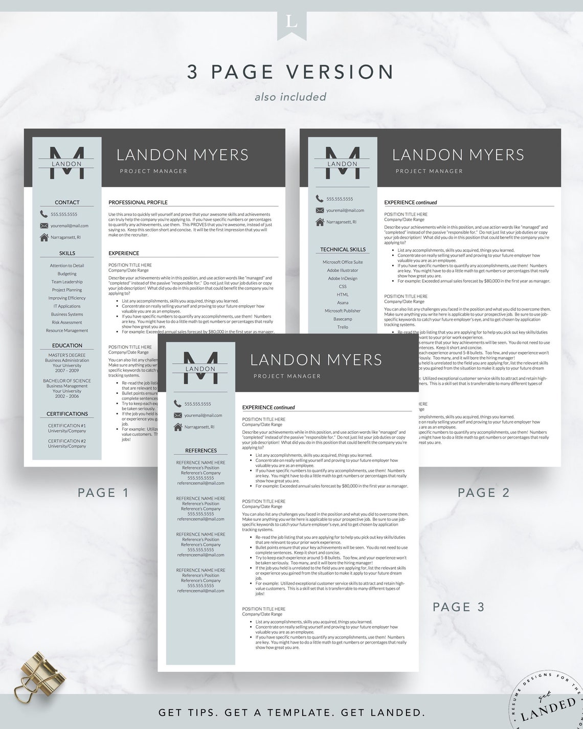 Blue Grey Resume Template With Initials for Word & Pages 1-3 - Etsy