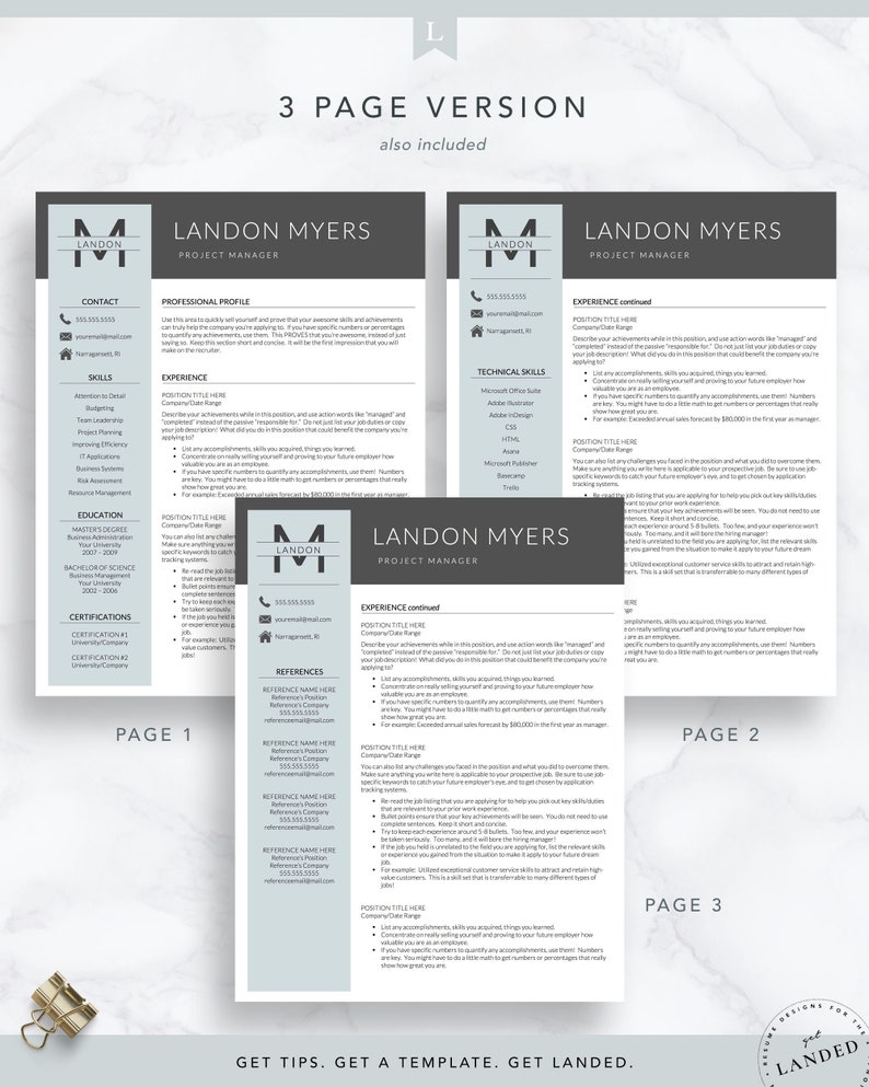 Blue Grey Resume Template With Initials for Word & Pages 1-3 - Etsy
