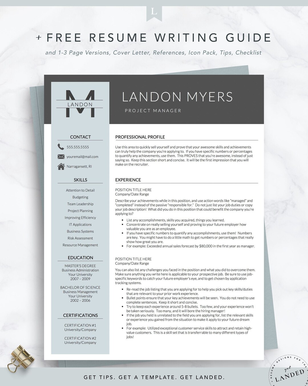 Blue Grey Resume Template With Initials for Word & Pages 1-3 - Etsy