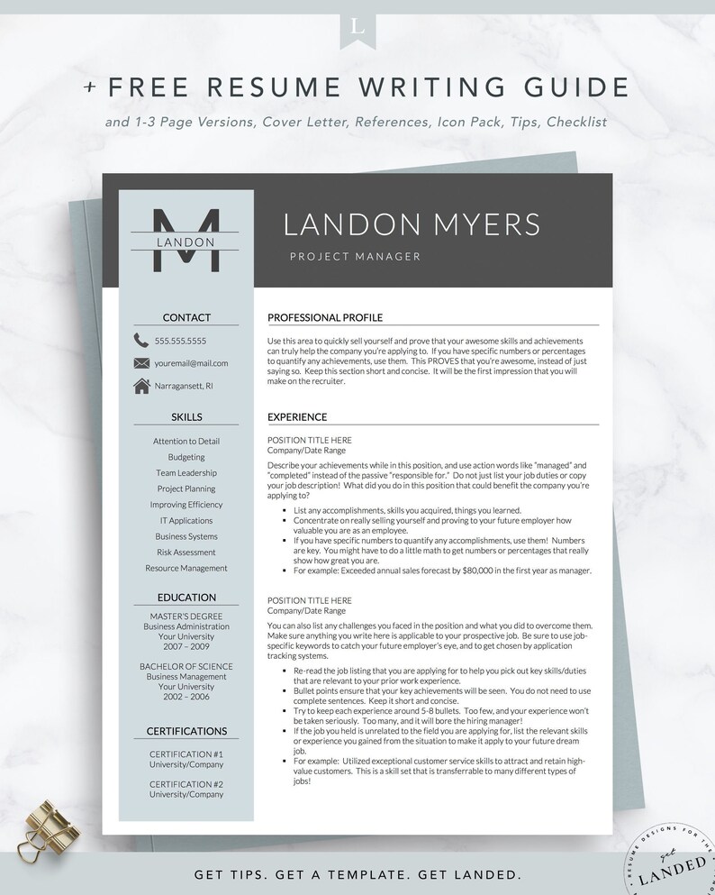 Blue Grey Resume Template With Initials for Word & Pages 1-3 - Etsy