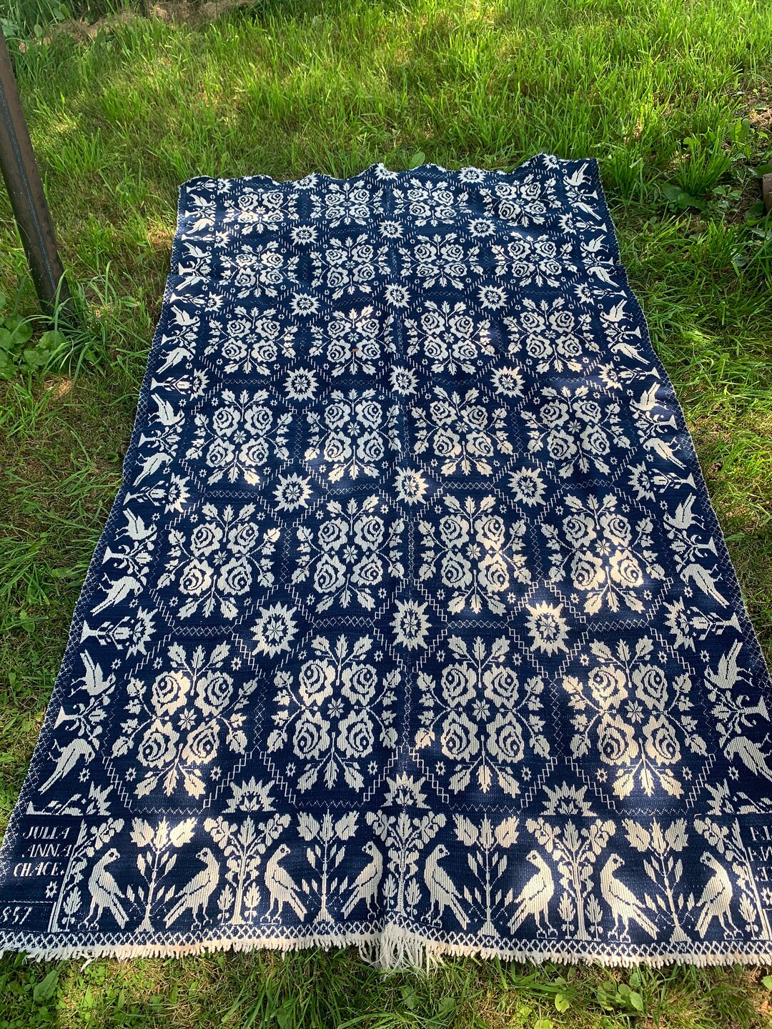 Antique Jacquard Woven Coverlet, Blue and White . Signed and Dated ...