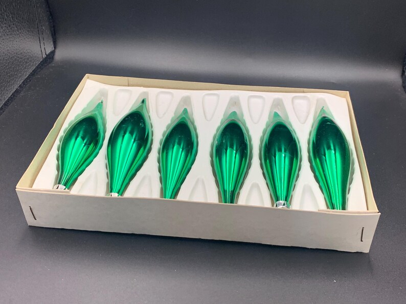 Vintage Tear Drop Green Mercury Glass Ornaments, Set of 6. Original Box ...