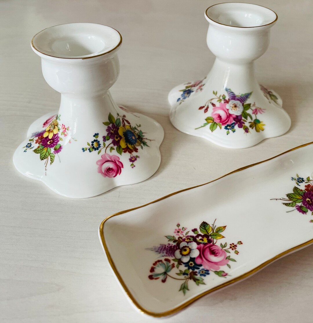 Pair Hammersley Candlestick Holders and Matching Trinket Dish. Vintage ...