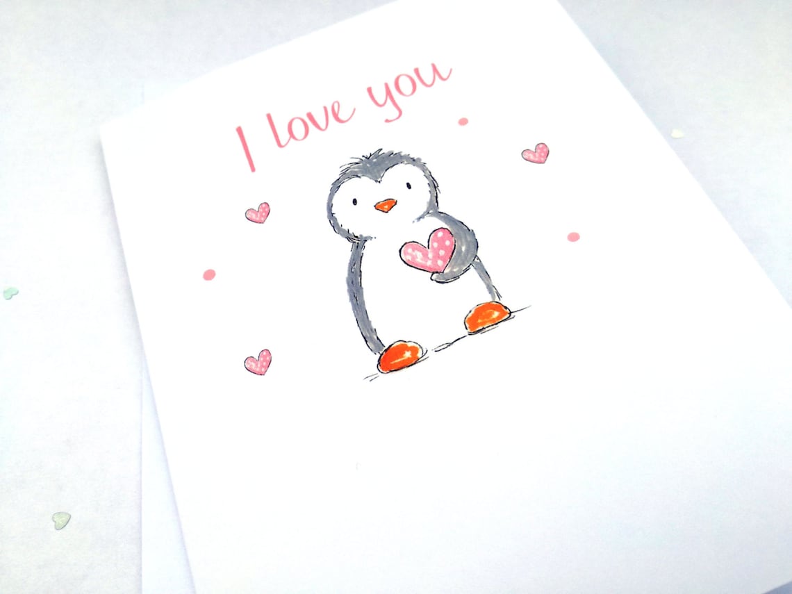 Penguin valentine card cute penguin picture I love you | Etsy