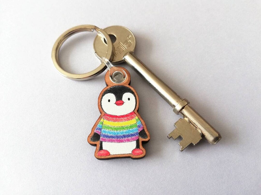 Rainbow penguin keyring, rainbow jumper wooden key fob, ethically ...