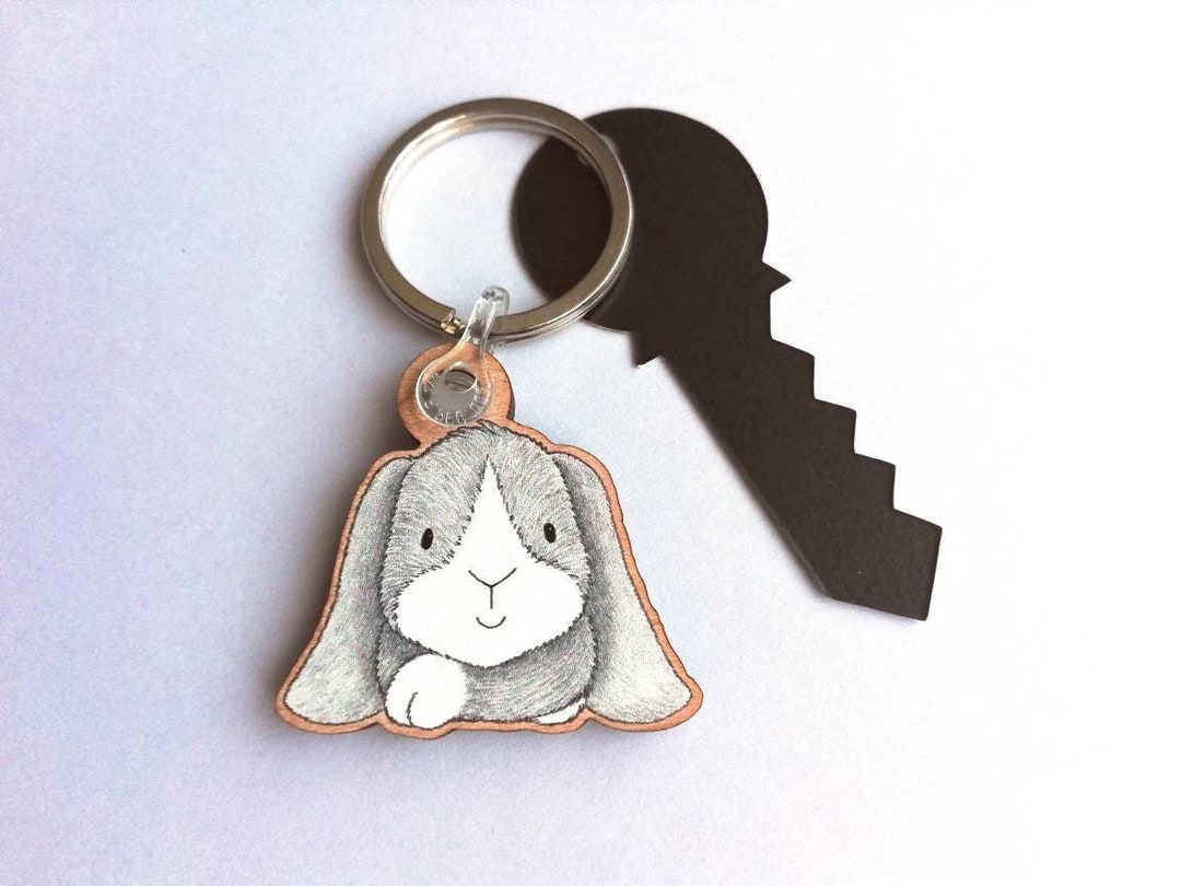 Rabbit Keyring, Wooden Grey Bunny Key Fob, Rabbit Key Chain, Wood Bag ...