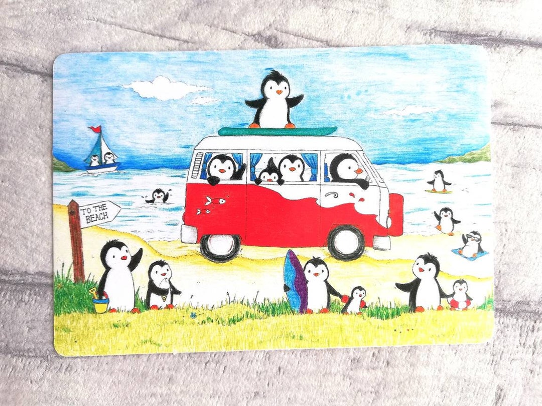 Penguins at the Beach, Summer Penguin Vinyl Sticker, Seaside, Surfing ...