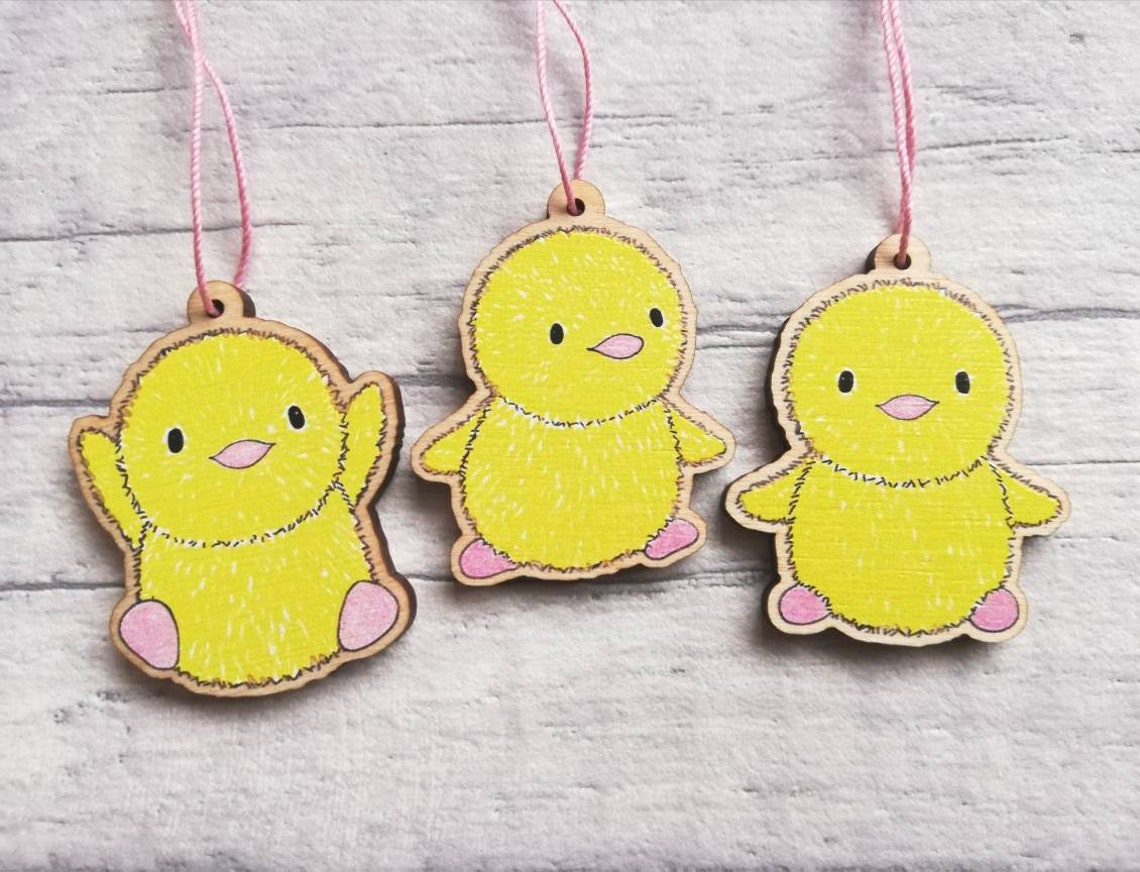 Easter chick decorations. Set of three wooden yellow chicks. | Etsy
