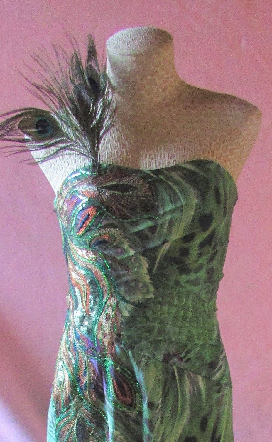 Unique peacock dress beautiful colors feathers size 4 Alyce Designs