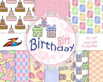 Birthday Digital Paper Purple Party Paper Pack Birthday Cake