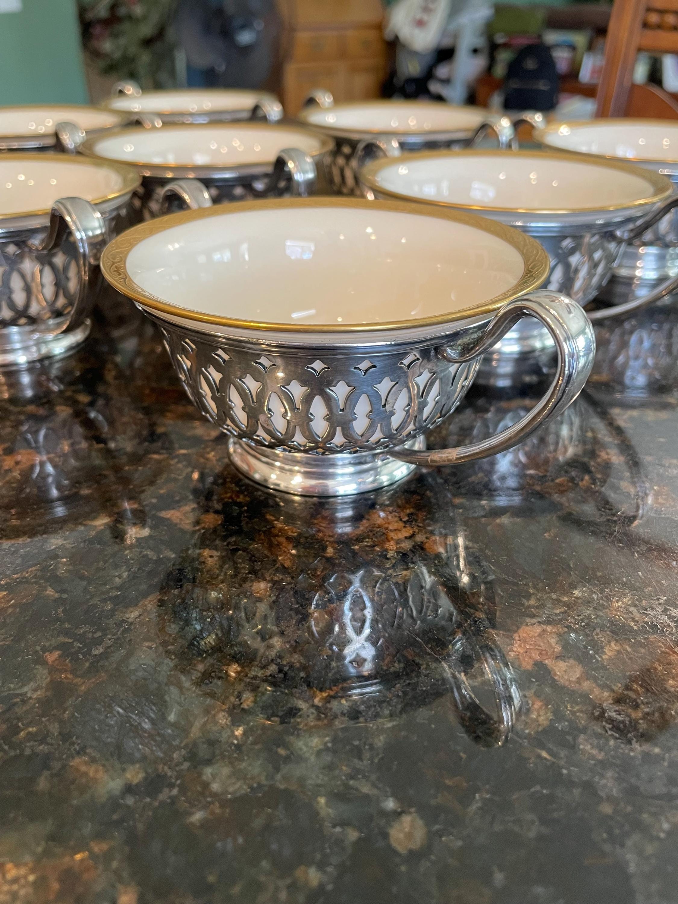 Set of NINE (9) Lenox Gold-rimmed Boullion Cups in 2-handled Sterling ...