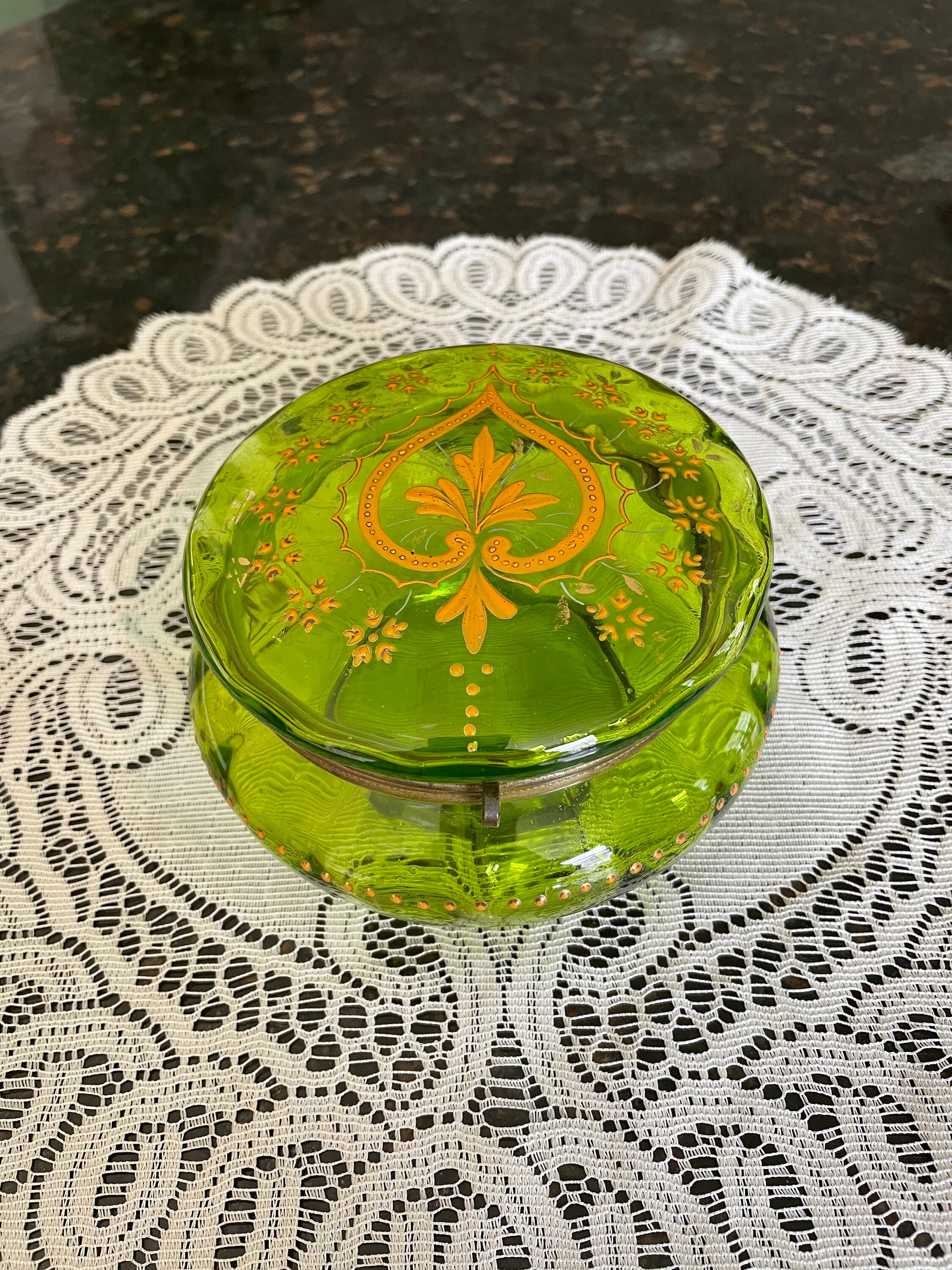 Emerald Green OPTIC Ribbed Glass Dresser Jar~ Hinged and Hand Painted ...