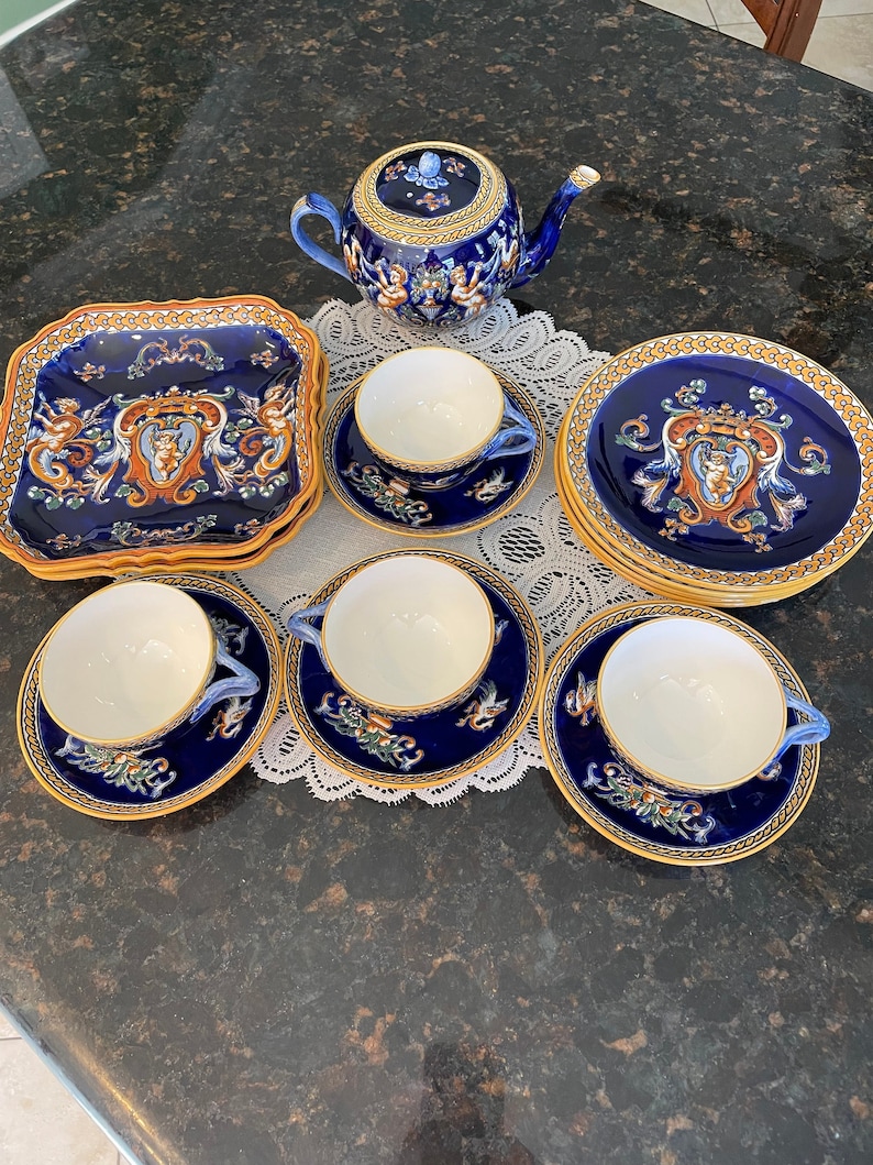 16-piece RARE GIEN FRANCE Renaissance Fond Bleu Pattern Tea Set 4 ...
