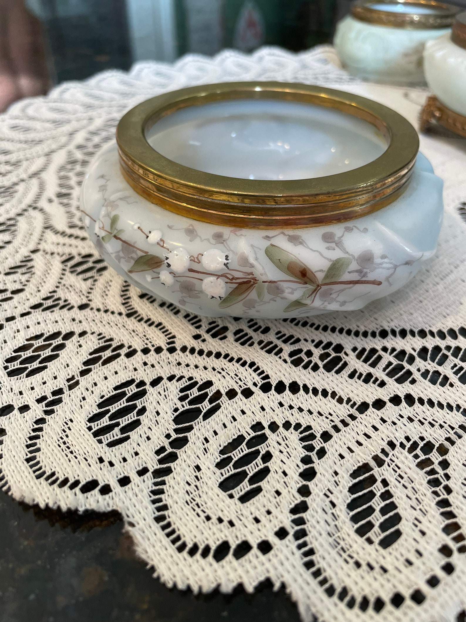 THREE Victorian WAVECREST Art Glass Open Ormolu Collar Trays C. 1900 _ One Footed and Two With ...