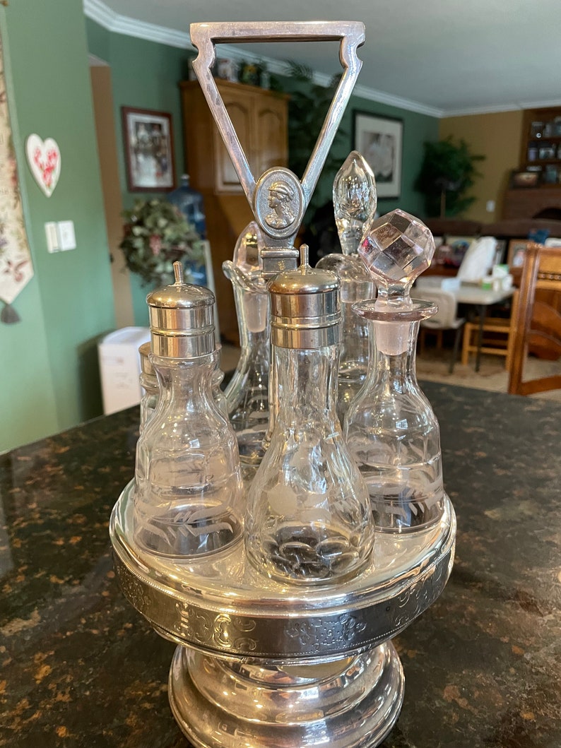 Gorgeous SIX Bottle CRUET Set, RARE Antique Silverplate Rotating ...