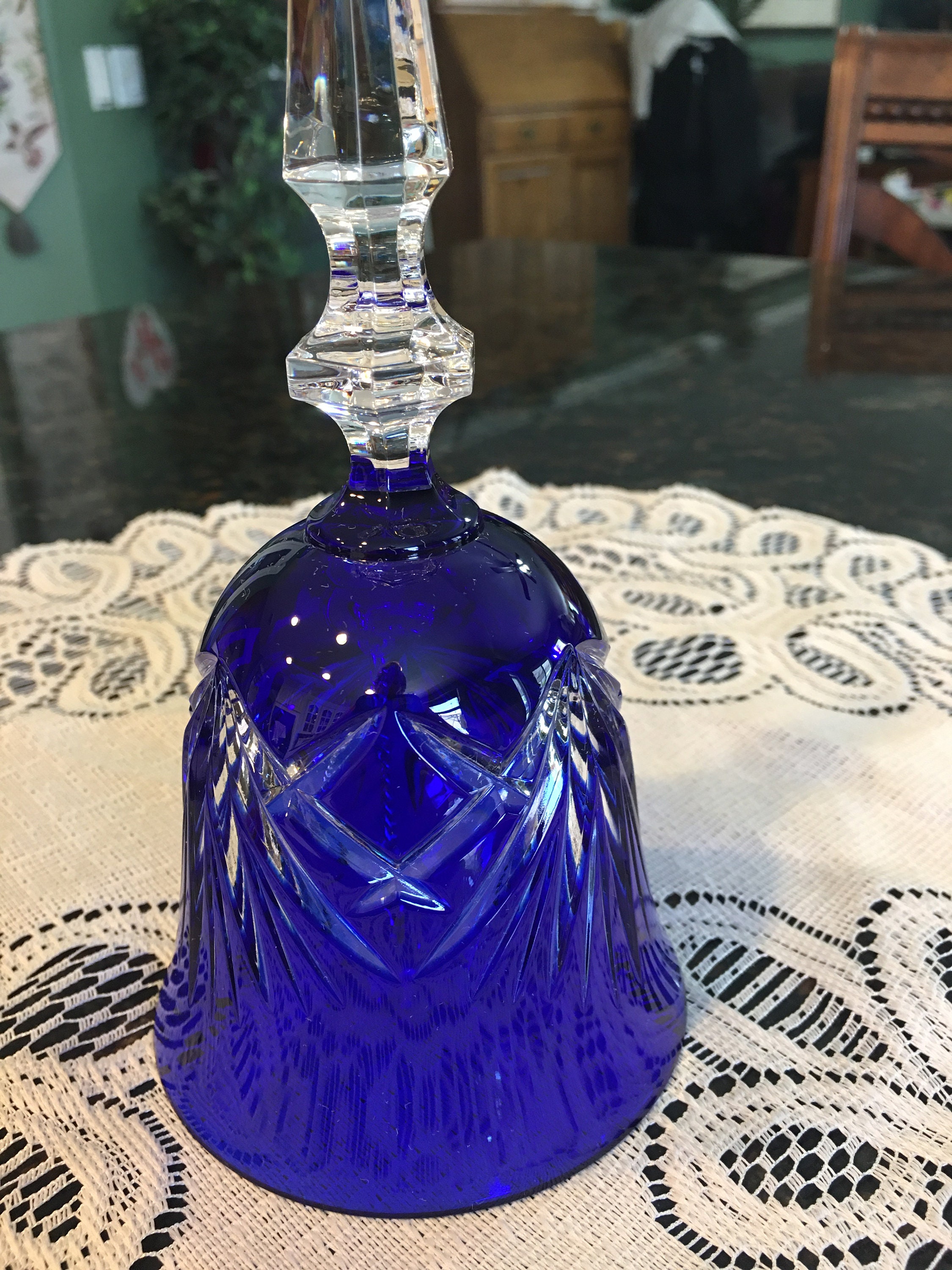 Cobalt Blue Cut to Clear Bell With Clear Cut Handle 7.5 Inches ...