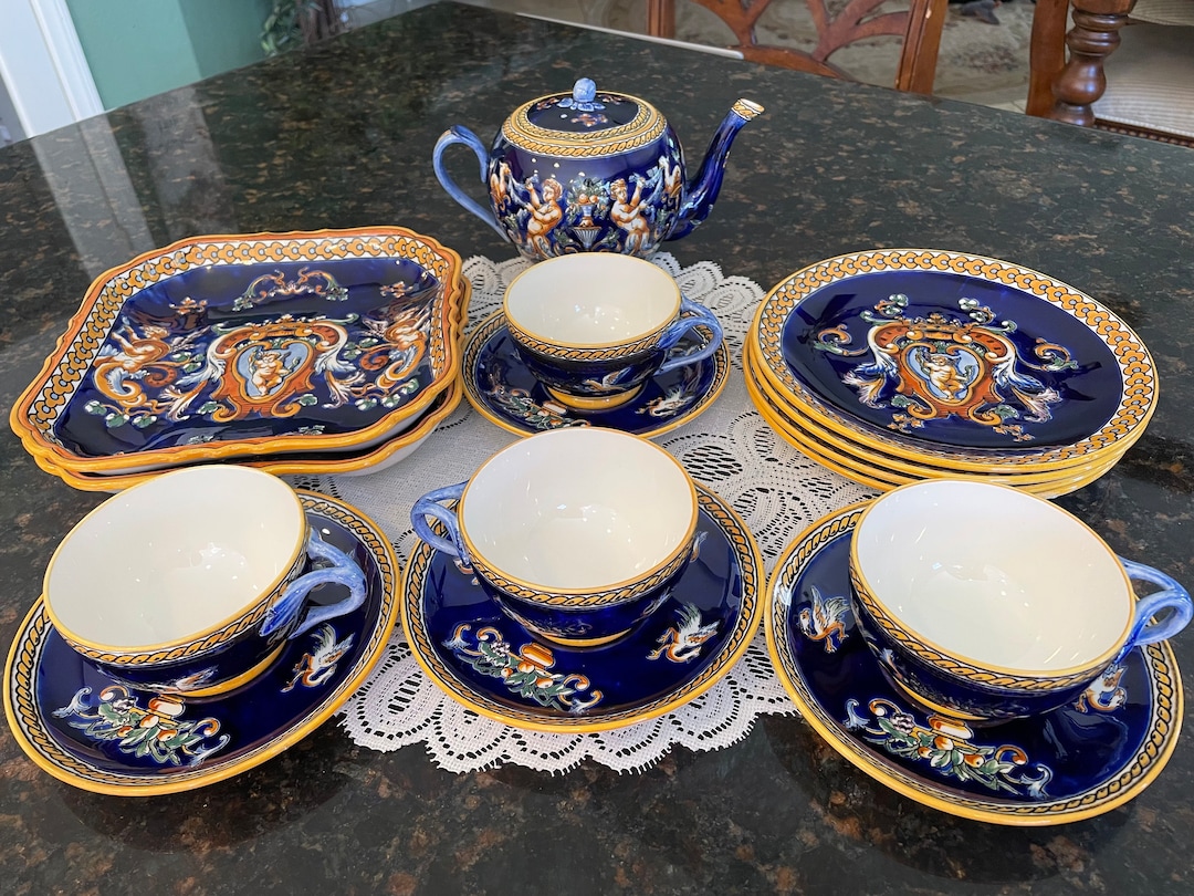 16-piece RARE GIEN FRANCE Renaissance Fond Bleu Pattern Tea Set ~ 4 ...