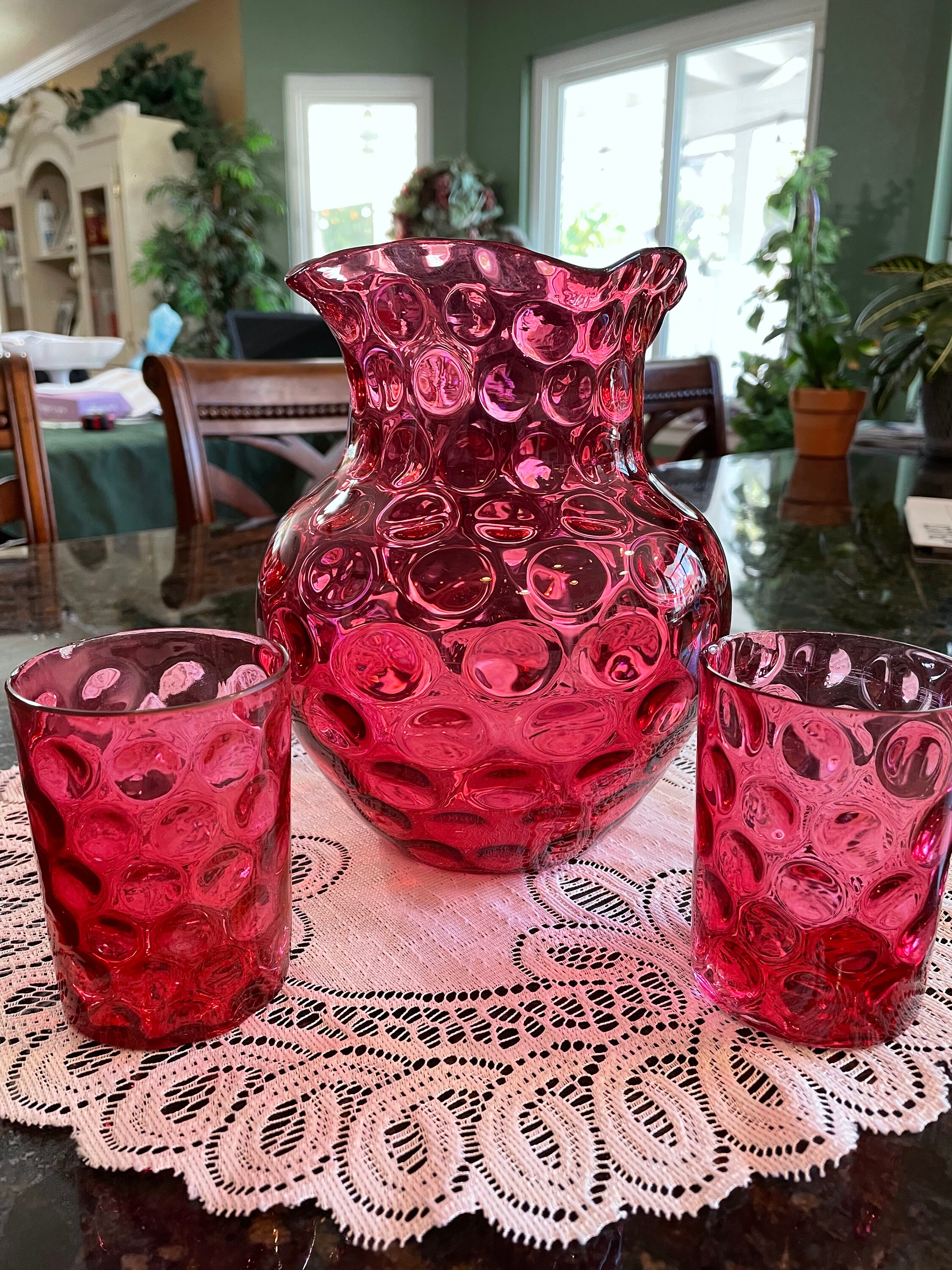 Cranberry Coin Dot Glass Water/lemonade Pitcher With Clear Handle and 2 ...