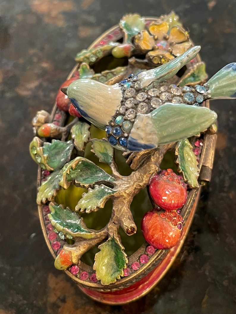 Stunning Jay STRONGWATER Bird Flower and Cherry Oval TRINKET - Etsy