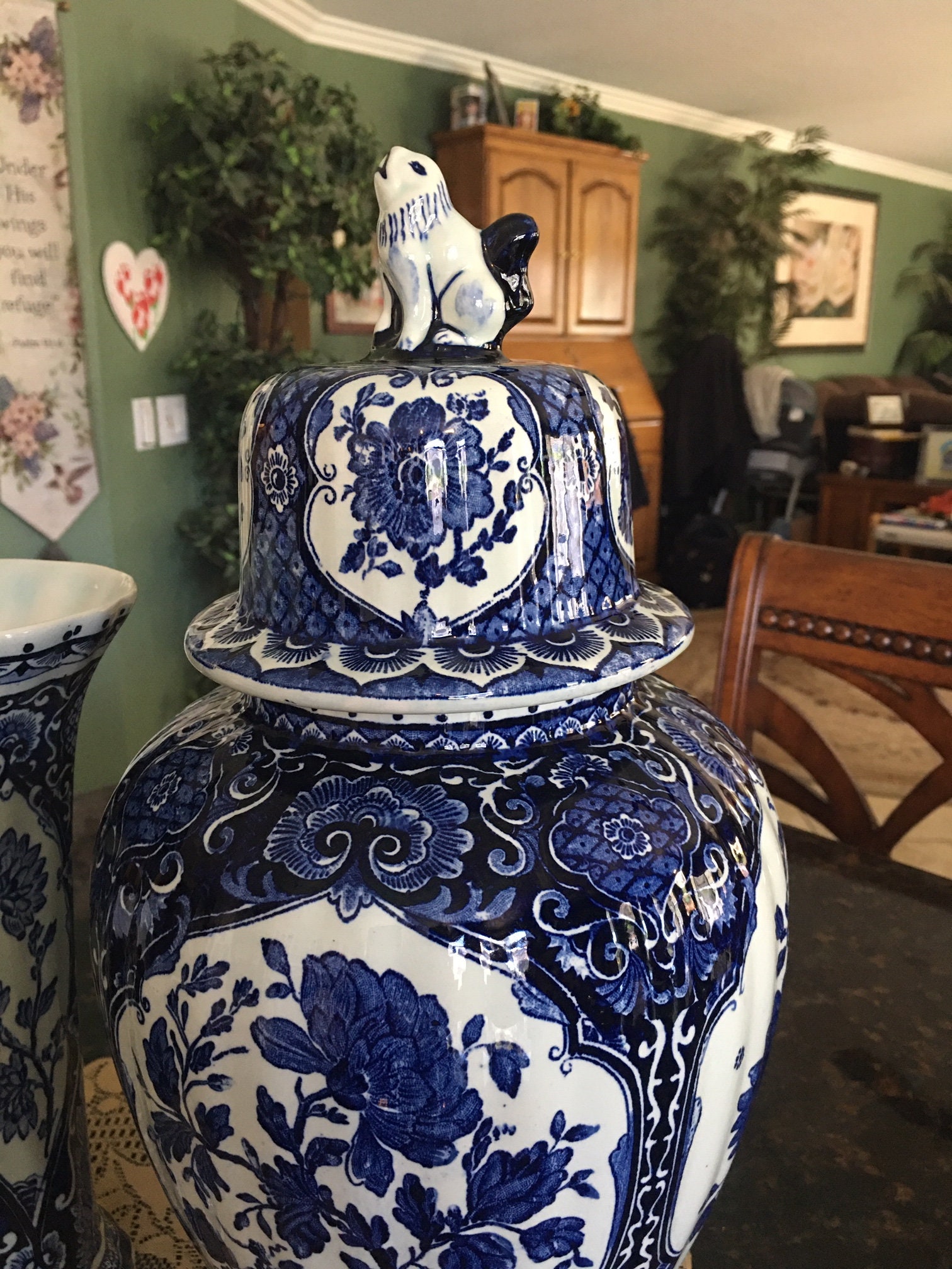 THREE Large Antique Dutch Delft: Lidded Ginger Jar~ 15 Inch Tall, and 2 ...
