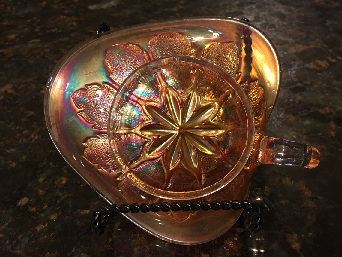 Vintage Dugan Carnival Glass Nappy Candy Dish Leaf Ray Pattern, Tri ...