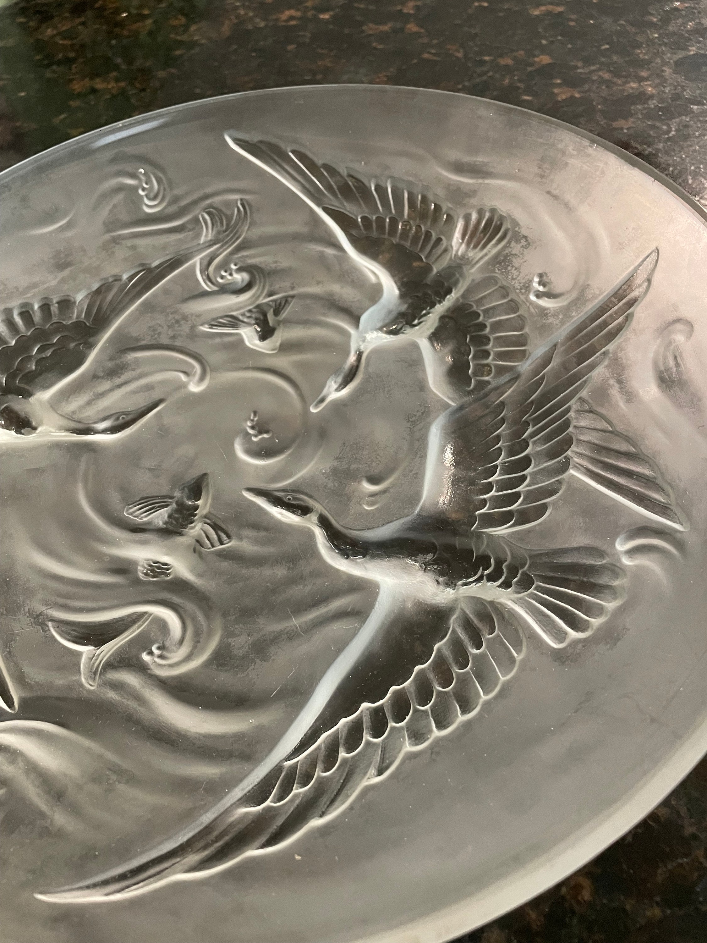 1935 Art Deco VERLYS American Frosted Art Glass Birds and Koi Fish Bowl ...