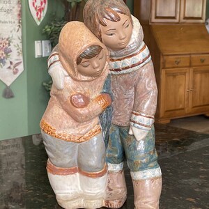 HUGE!! Rare Lladro Gres Figurine Inuit Eskimo Boy and Girl #2038 ...