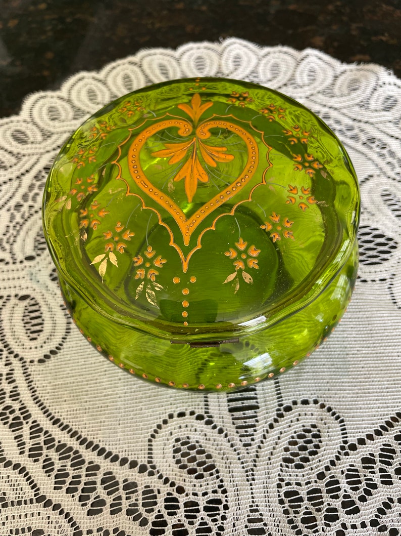 Emerald Green OPTIC Ribbed Glass Dresser Jar~ Hinged and Hand Painted ...