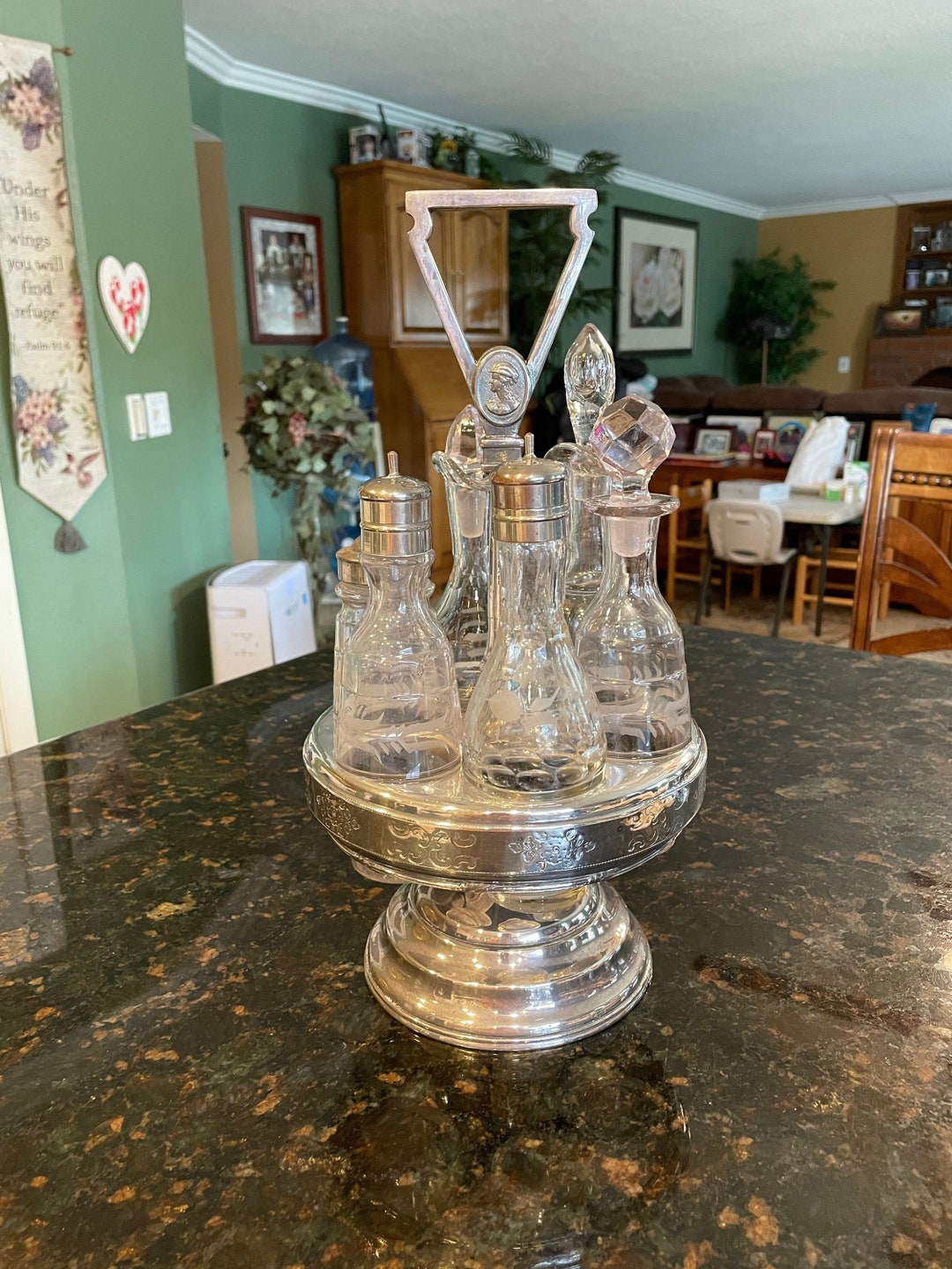 Gorgeous SIX Bottle CRUET Set, RARE Antique Silverplate Rotating ...
