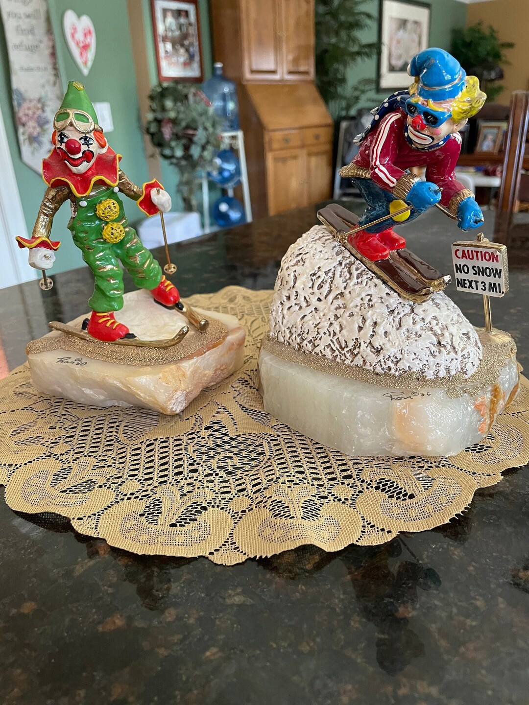 TWO SKI LOVERS Ron Lee Clown Figurines, Both Are 7" Tall, Signed by Ron ...