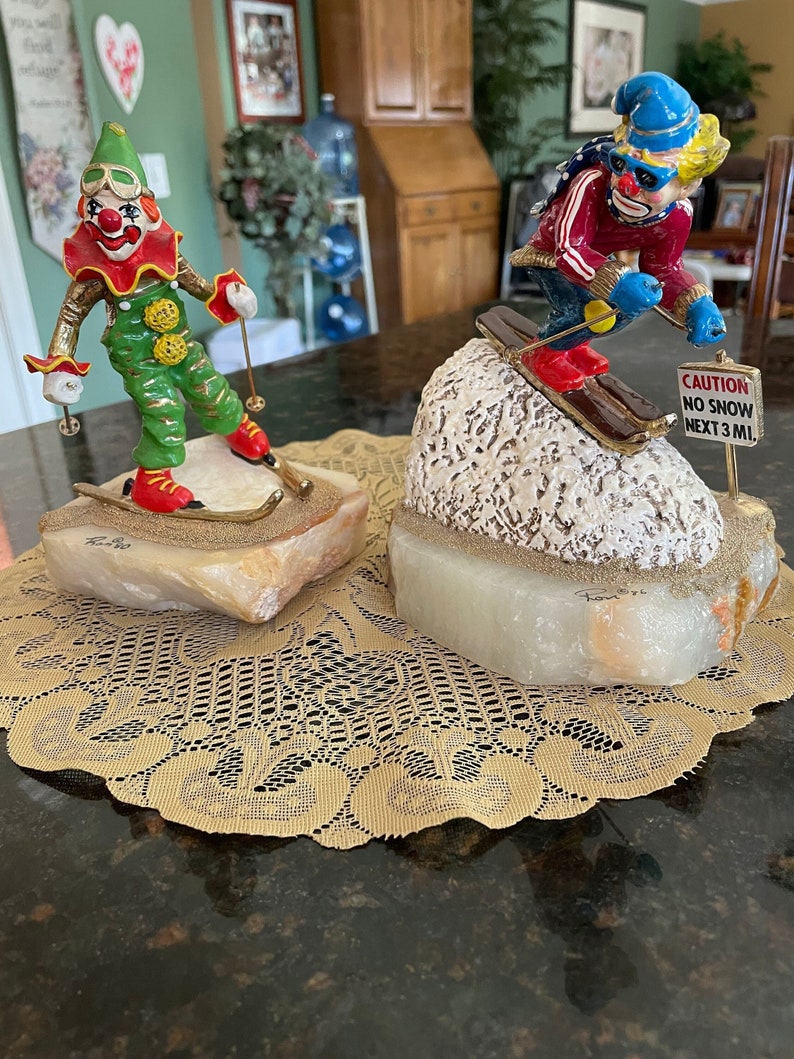 TWO SKI LOVERS Ron Lee Clown Figurines, Both Are 7" Tall, Signed by Ron ...