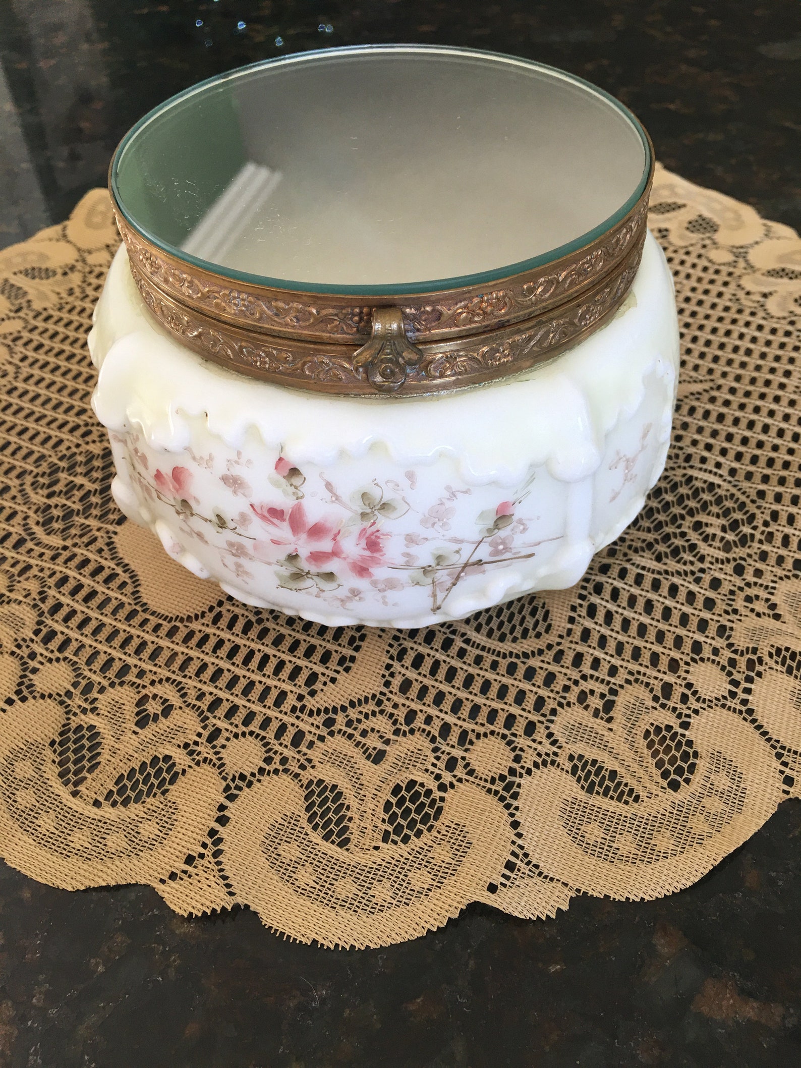 C. F. MONROE Large Wave Crest Satin Floral Milk Glass, Mirror Top ...
