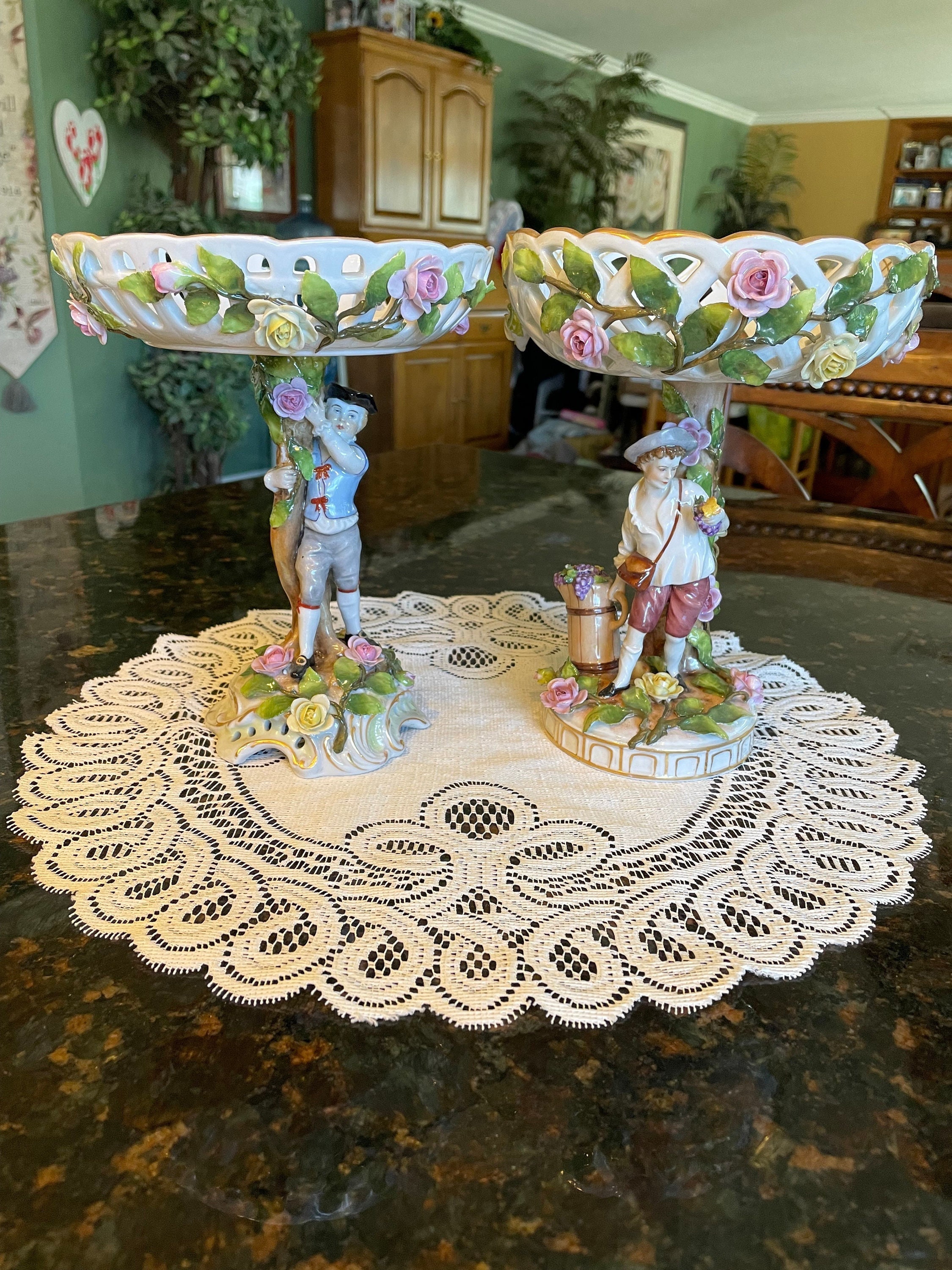 TWO Large 1900s Hand Painted Dresden carl Thieme Reticulated Lattice ...