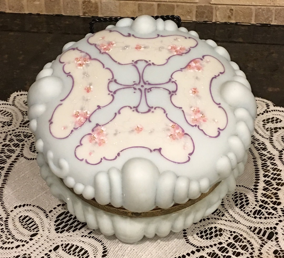 C. F. MONROE X-large Wave Crest Satin Milk Glass Dresser Box Baroque ...