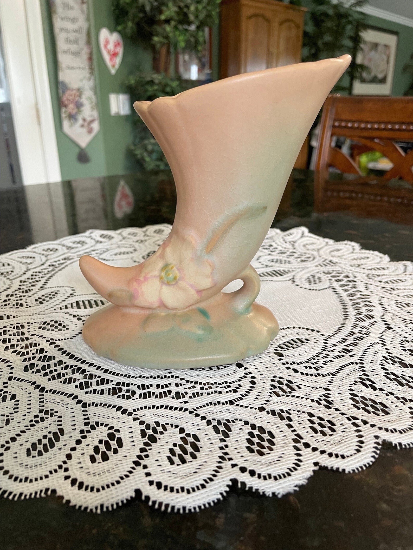 Rare 1930'S Popular Weller PEACH 'WILD ROSE' Cornucopia Vase 6" Tall ...