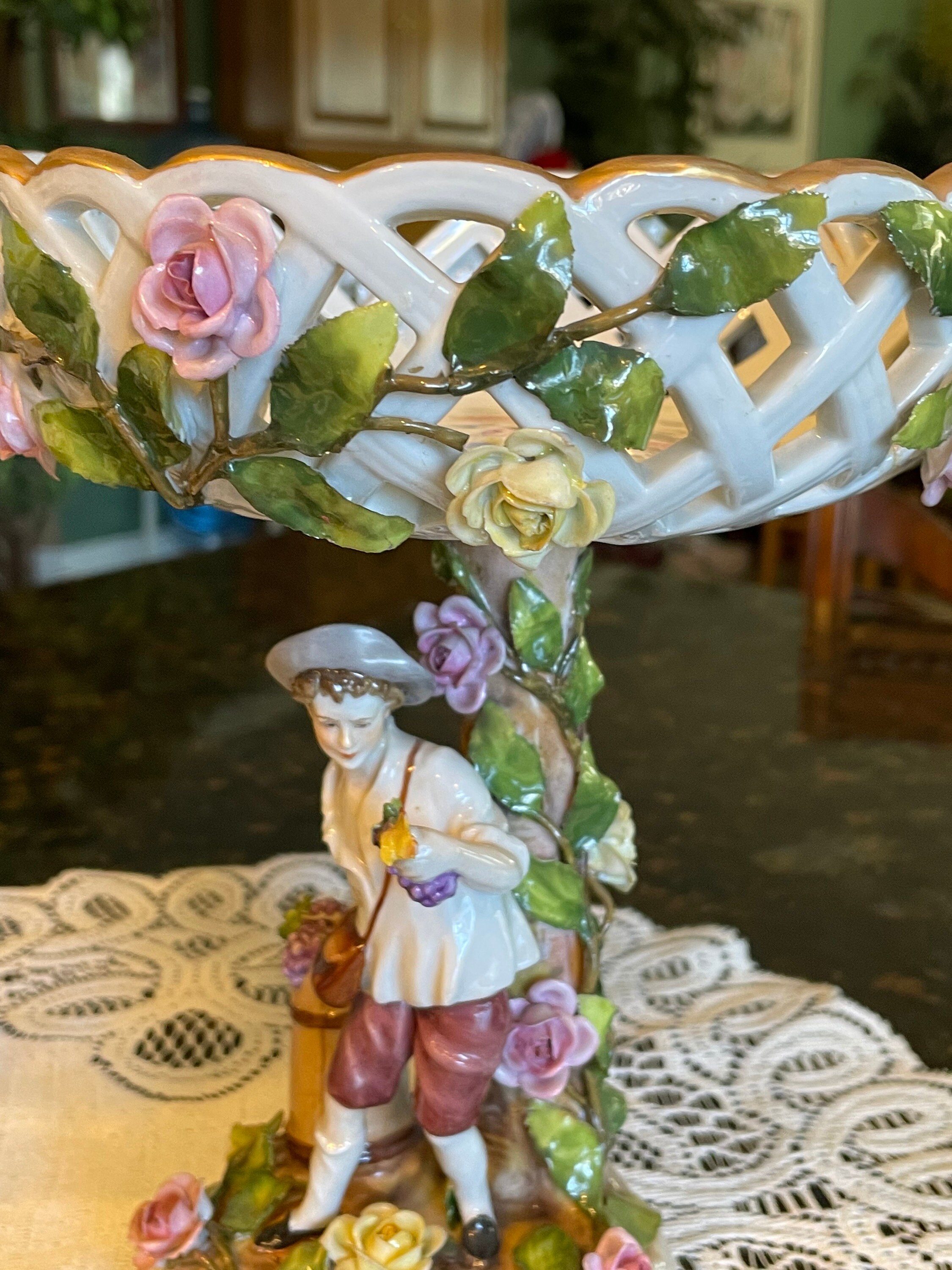 TWO Large 1900s Hand Painted Dresden carl Thieme Reticulated Lattice ...