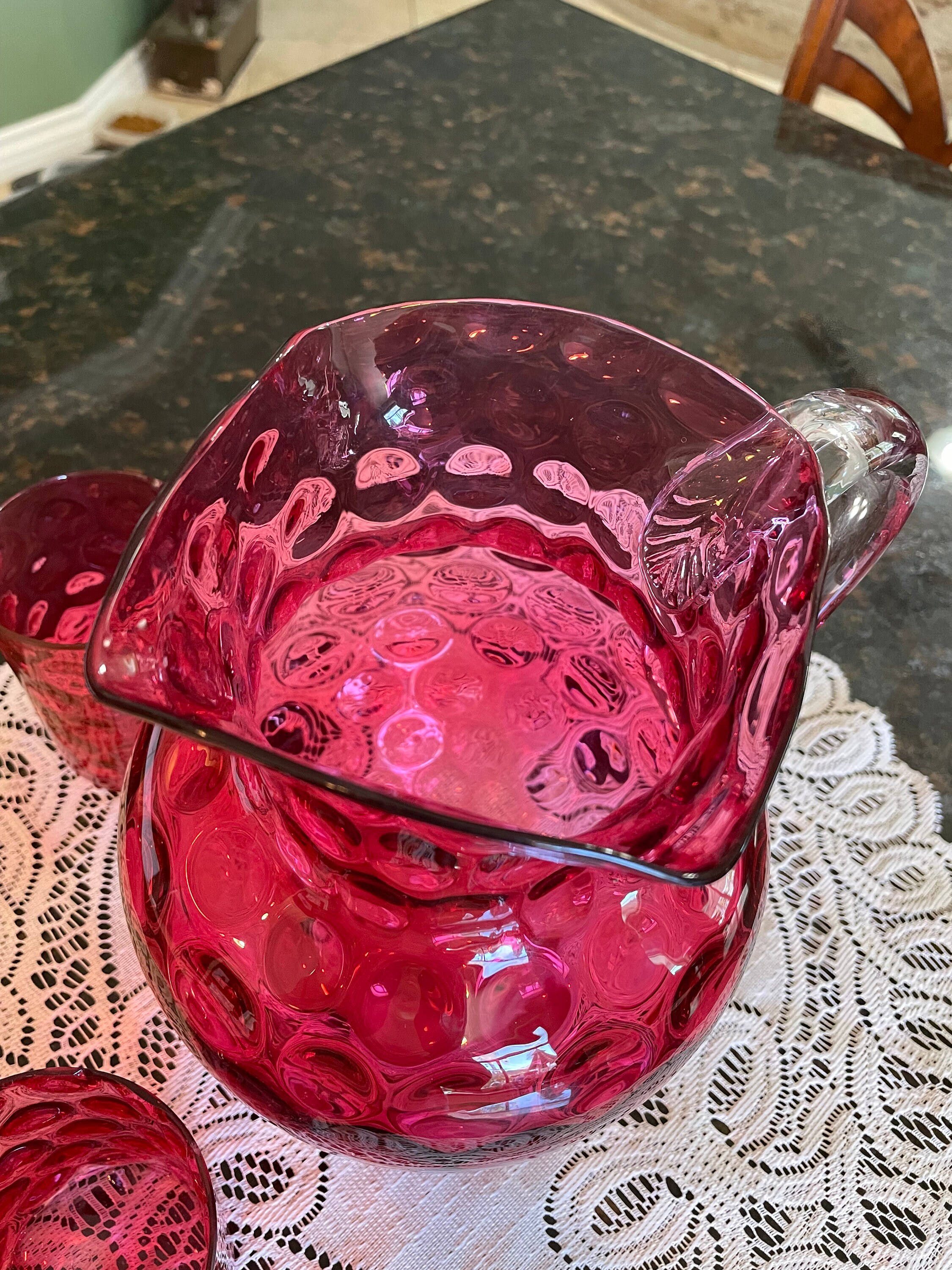 Cranberry Coin Dot Glass Water/lemonade Pitcher With Clear Handle and 2 ...