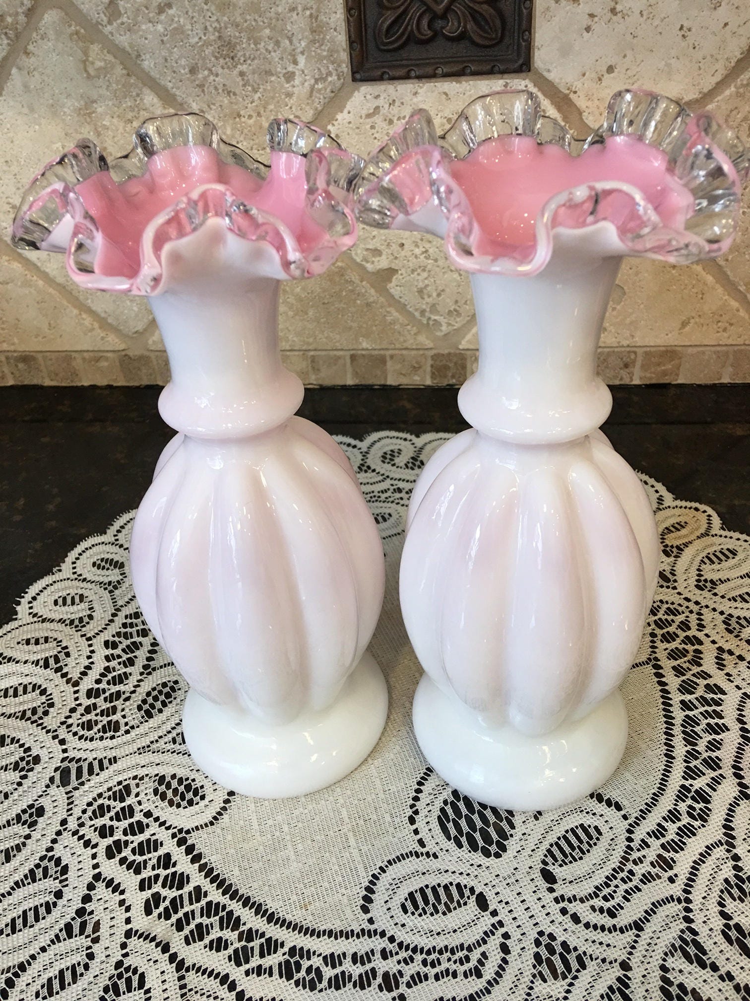 Fenton Art Glass Pink Overlay Melon Ruffled Top 9 Inch Vase Etsy
