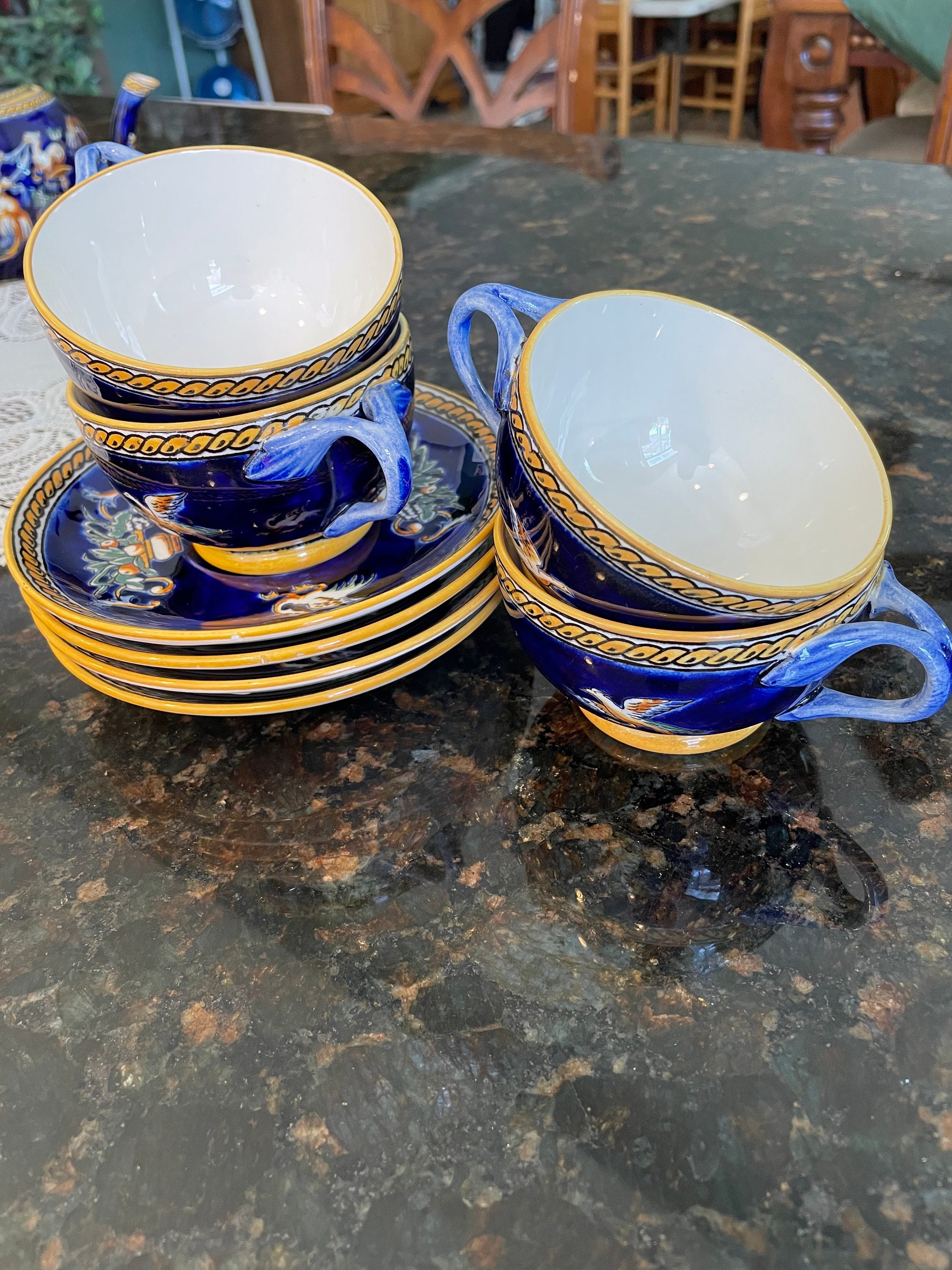 16-piece RARE GIEN FRANCE Renaissance Fond Bleu Pattern Tea Set 4 ...