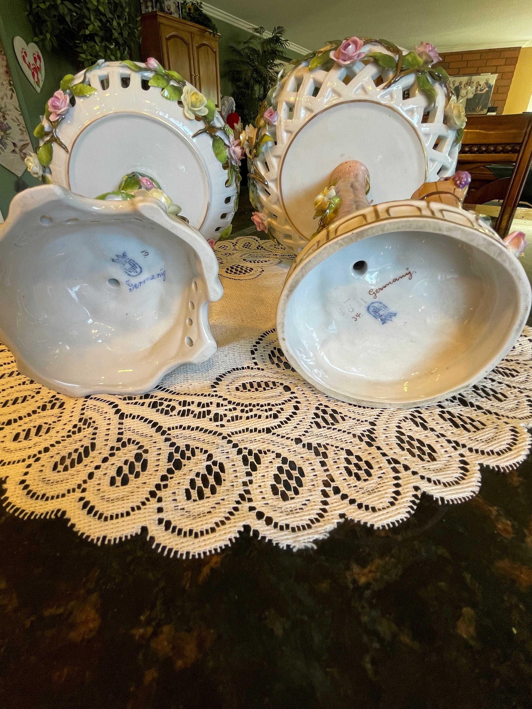 TWO Large 1900s Hand Painted Dresden (carl Thieme?) Reticulated Lattice ...