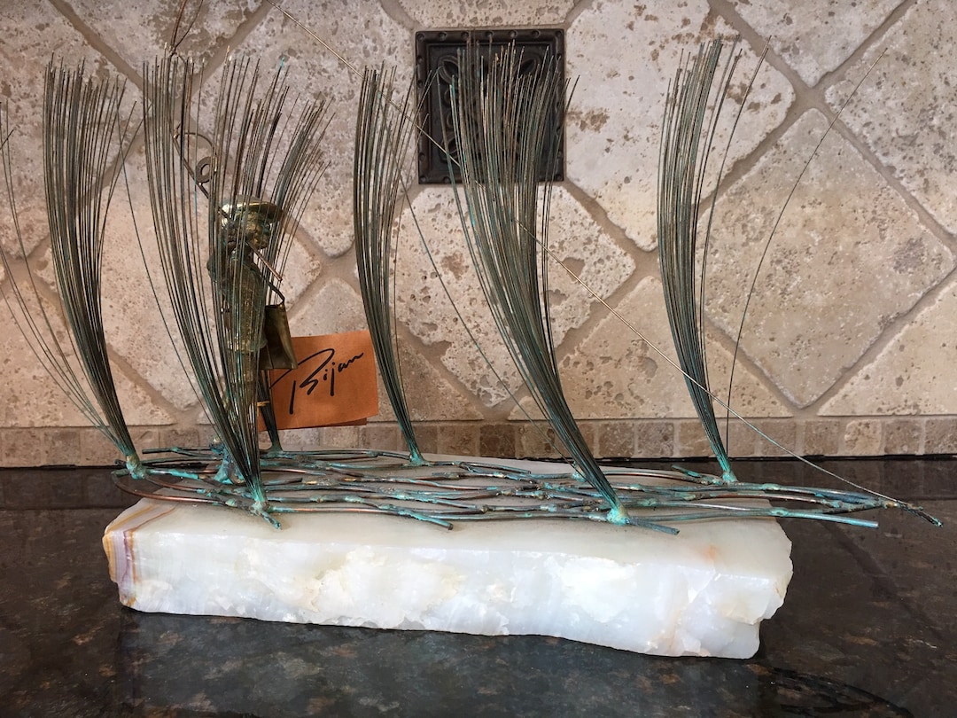 Huge BIJAN J BIJAN Sculpture Fishing in Reeds Copper & Brass on Marble ...