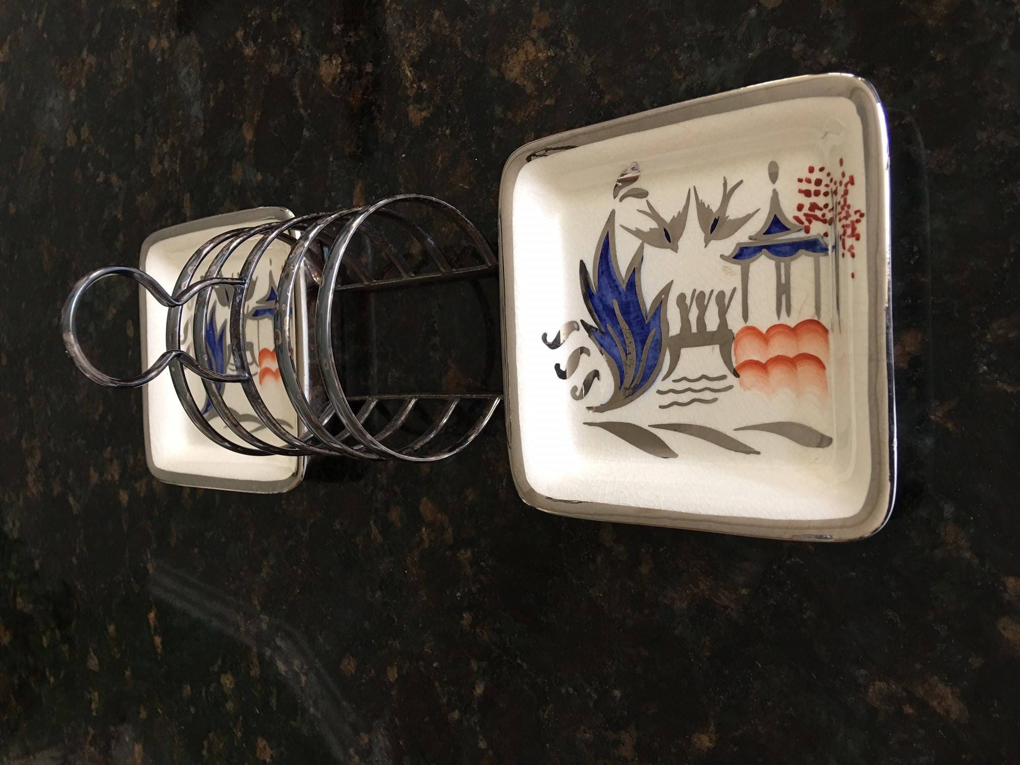 RARE Hand Painted PAGODA Pottery & Silver Toast Rack and 2 - Etsy