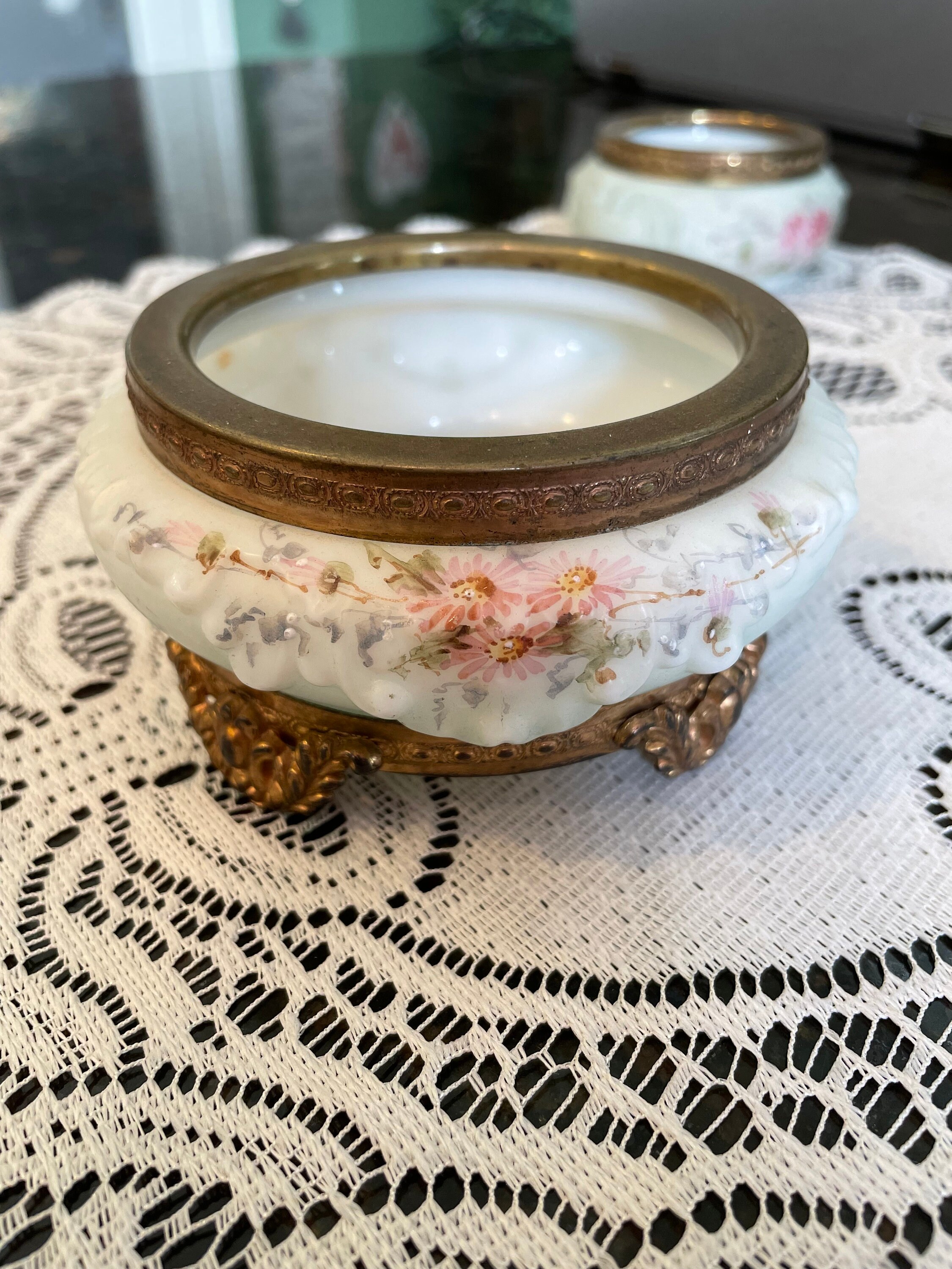 THREE Victorian WAVECREST Art Glass Open Ormolu Collar Trays C. 1900 _ One Footed and Two With ...