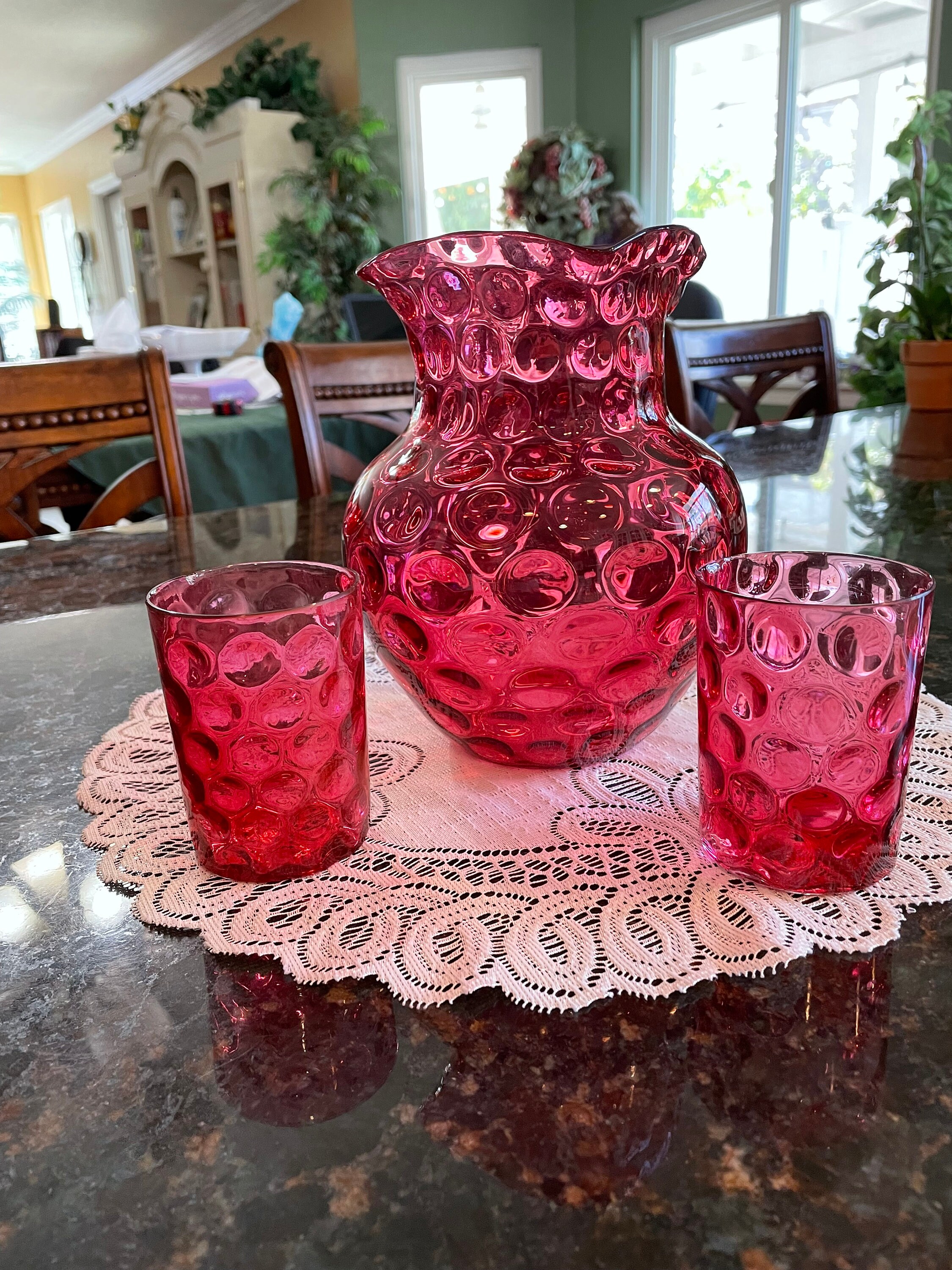 Cranberry Coin Dot Glass Water/lemonade Pitcher With Clear Handle and 2 ...