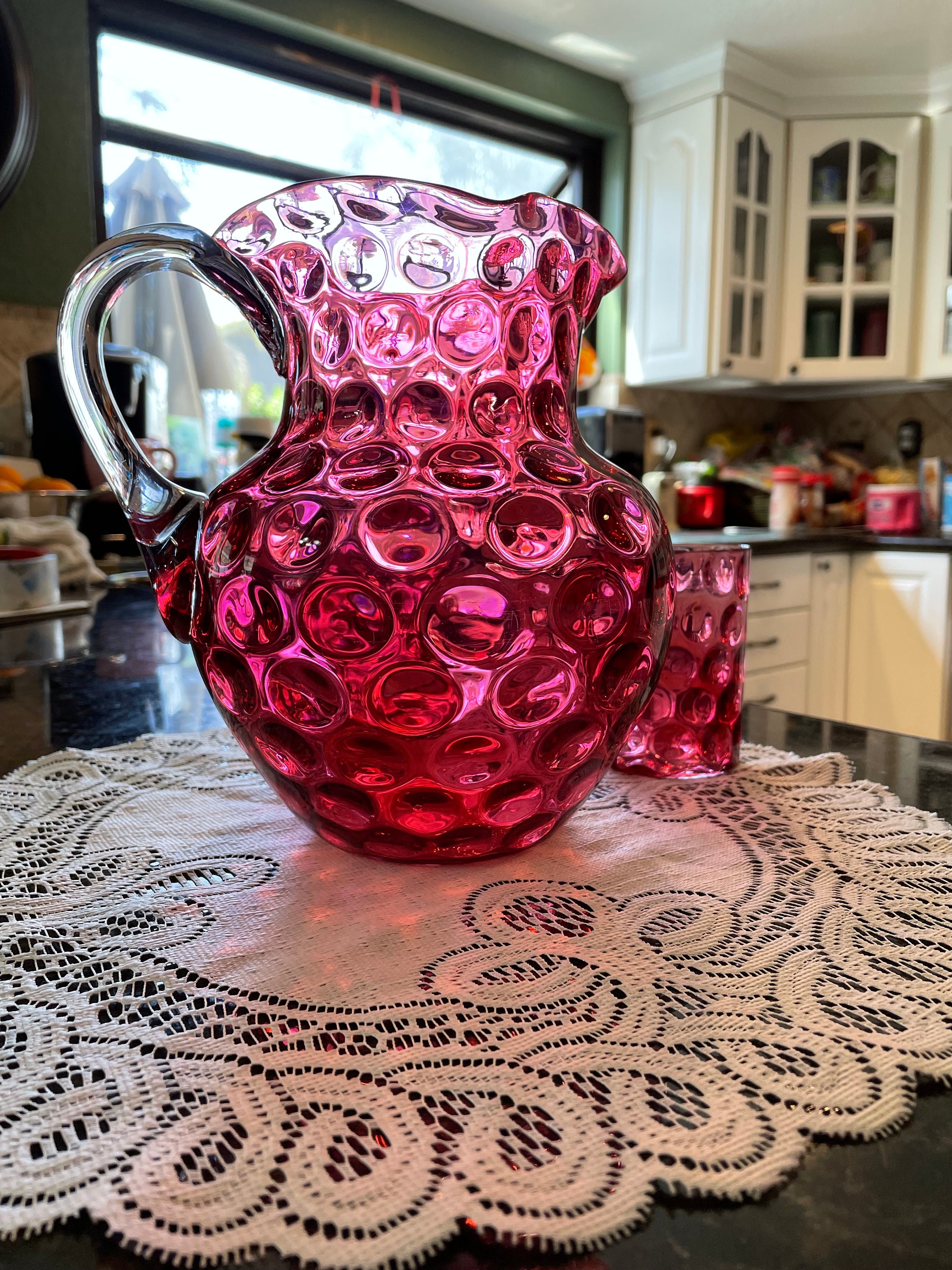 Cranberry Coin Dot Glass Water/lemonade Pitcher With Clear Handle and 2 ...