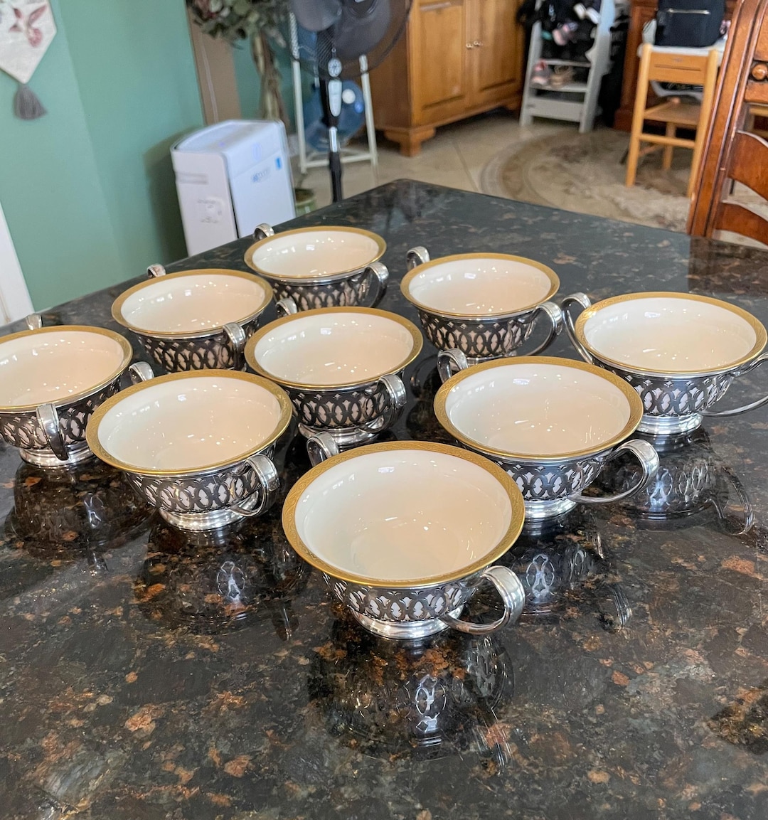 Set of NINE (9) Lenox Gold-rimmed Boullion Cups in 2-handled Sterling ...